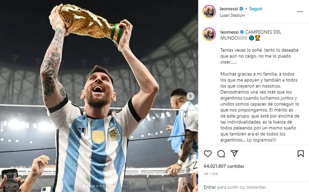 Foto de Messi com a taça da Copa do Mundo se torna a mais curtida da ...